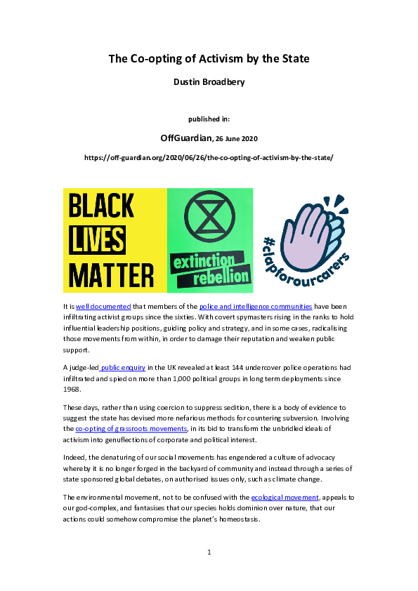 (PDF) Dustin Broadbery, The Co-opting of Activism by the State