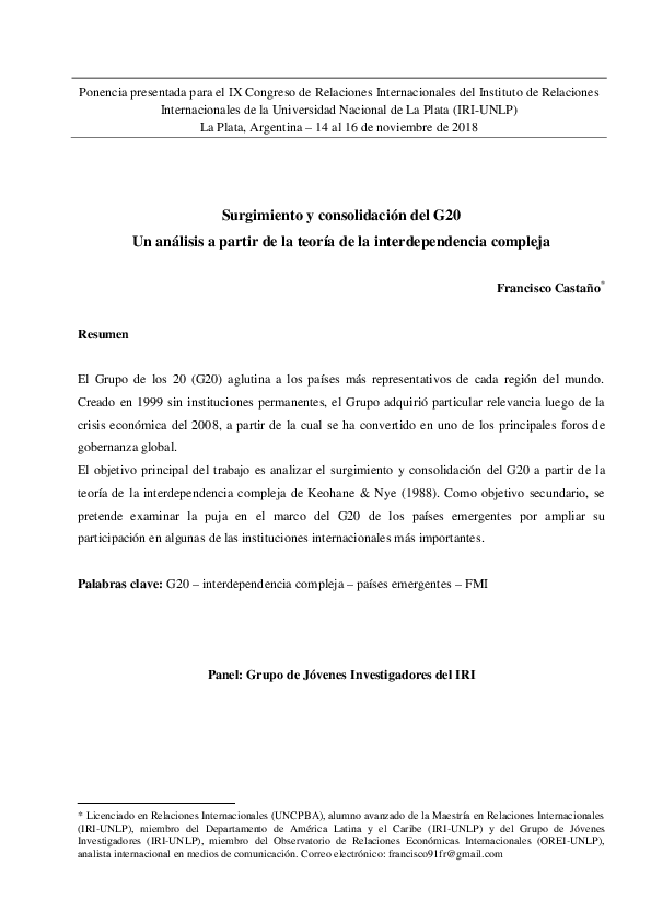 (PDF) Surgimiento y consolidación del G20. Un análisis a partir de la ...