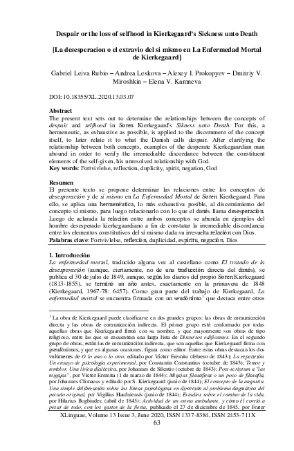 (PDF) Despair or the loss of selfhood in Kierkegaard's Sickness unto ...