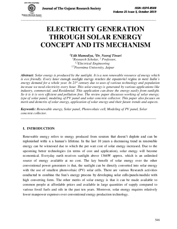 (PDF) ELECTRICITY GENERATION THROUGH SOLAR ENERGY CONCEPT AND ITS MECHANISM