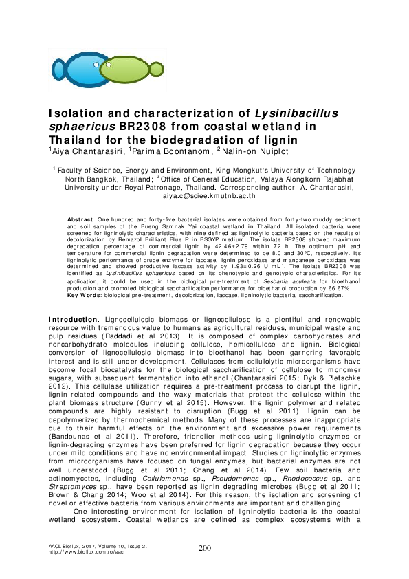 (PDF) Isolation and characterization of Lysinibacillus sphaericus BR2308 from coastal wetland in ...
