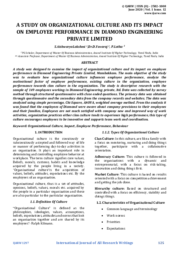 (PDF) A STUDY ON ORGANIZATIONAL CULTURE AND ITS IMPACT ON EMPLOYEE ...