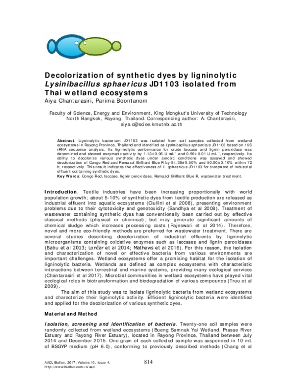 (PDF) Decolorization of synthetic dyes by ligninolytic Lysinibacillus sphaericus JD1103 isolated ...