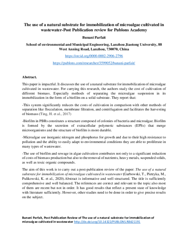(PDF) The use of a natural substrate for immobilization of microalgae cultivated in wastewater ...