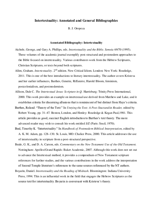 (PDF) Intertextuality: Annotated and Extended Bibliography