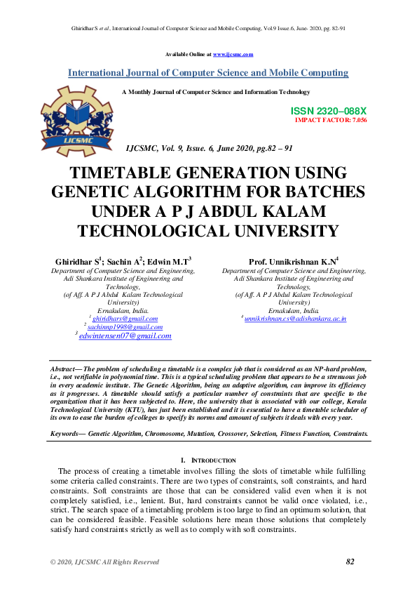(PDF) TIMETABLE GENERATION USING GENETIC ALGORITHM FOR BATCHES UNDER A P J ABDUL KALAM ...