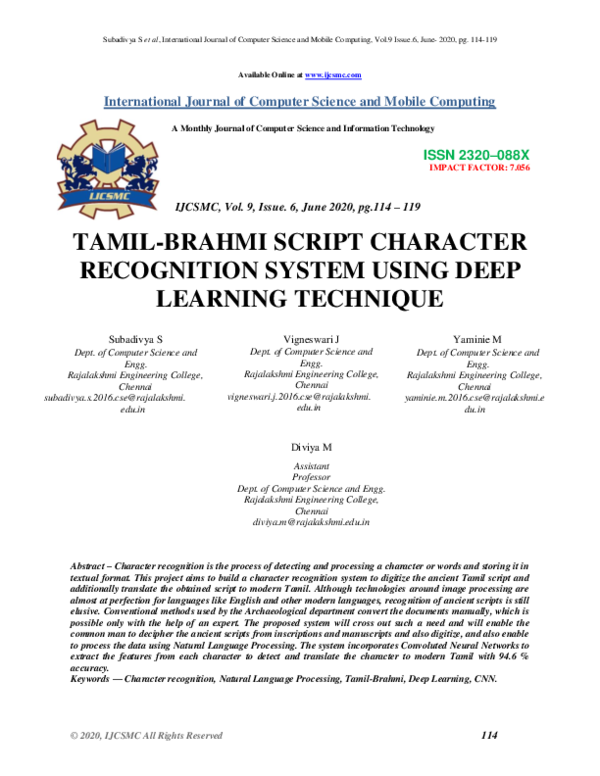 (PDF) TAMIL-BRAHMI SCRIPT CHARACTER RECOGNITION SYSTEM USING DEEP LEARNING TECHNIQUE﻿