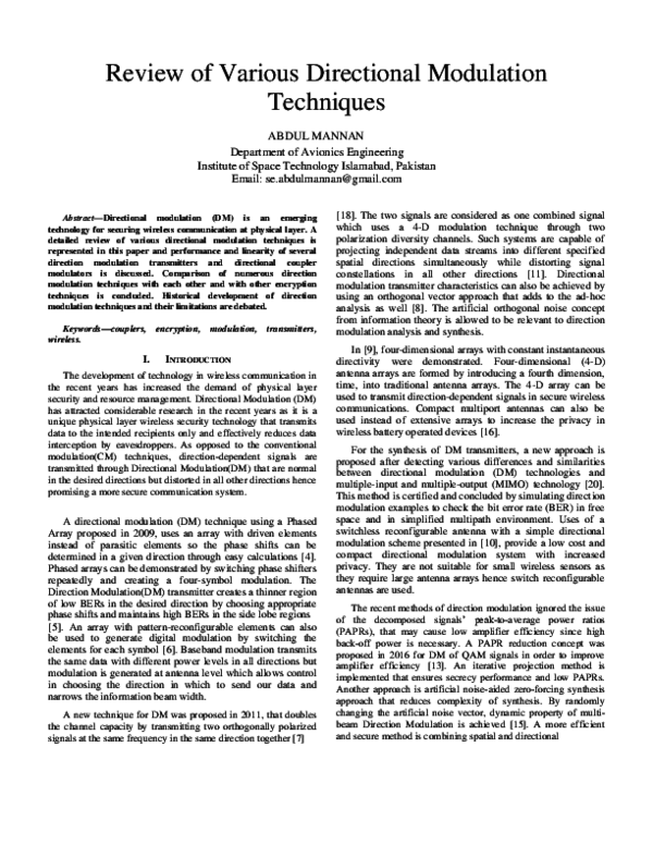 (PDF) Review of Various Directional Modulation Techniques