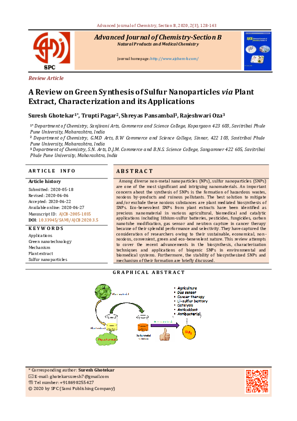 (PDF) A Review on Green Synthesis of Sulfur Nanoparticles via Plant Extract, Characterization ...