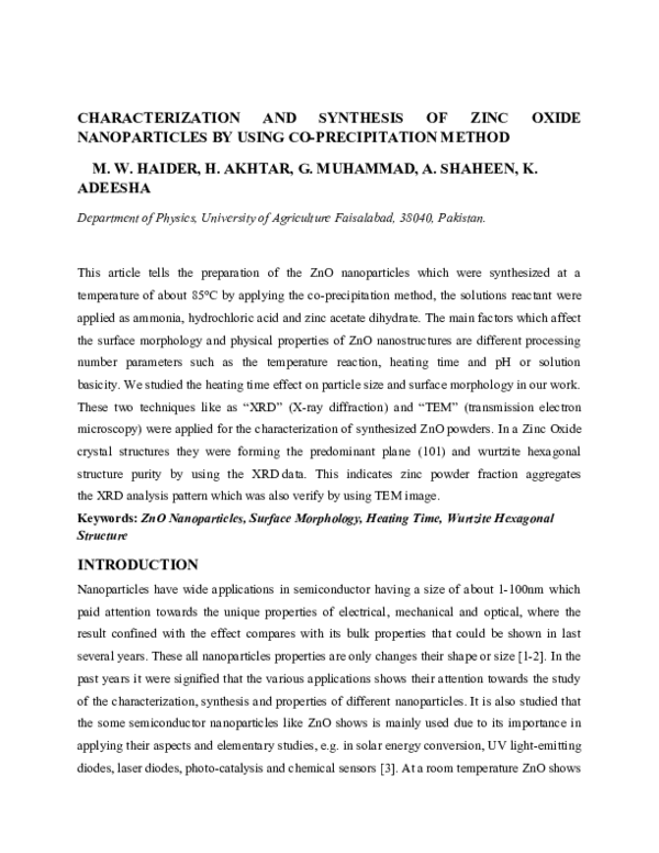 (DOC) CHARACTERIZATION AND SYNTHESIS OF ZINC OXIDE NANOPARTICLES BY ...