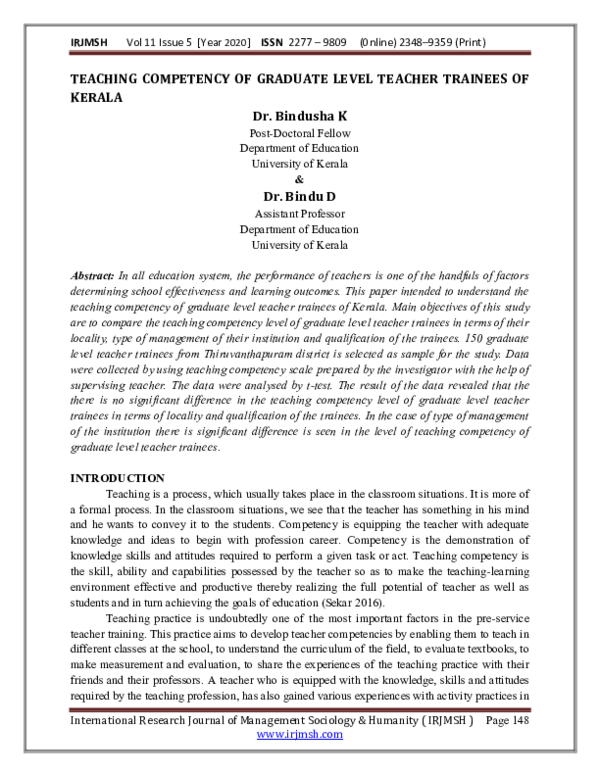 (PDF) TEACHING COMPETENCY OF GRADUATE LEVEL TEACHER TRAINEES OF KERALA