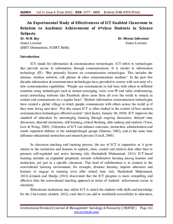 (PDF) An Experimental Study of Effectiveness of ICT Enabled Classroom ...