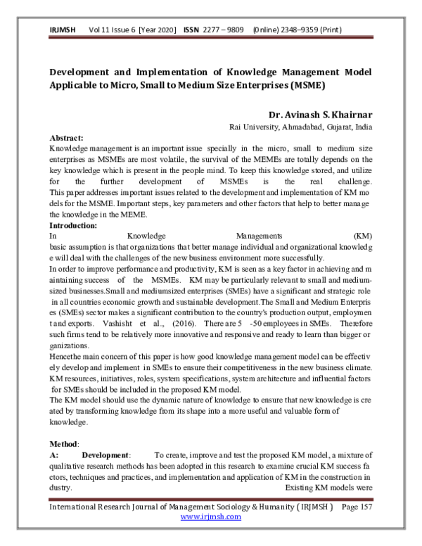 (PDF) Development and Implementation of Knowledge Management Model Applicable to Micro, Small to ...