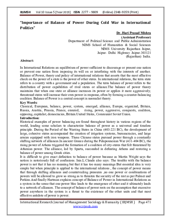 (PDF) Importance of Balance of Power During Cold War in International ...