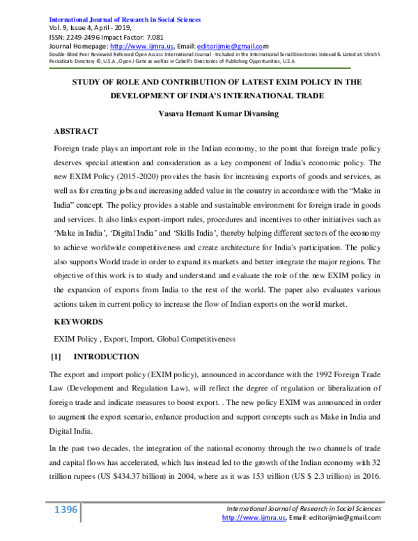 (PDF) STUDY OF ROLE AND CONTRIBUTION OF LATEST EXIM POLICY IN THE ...