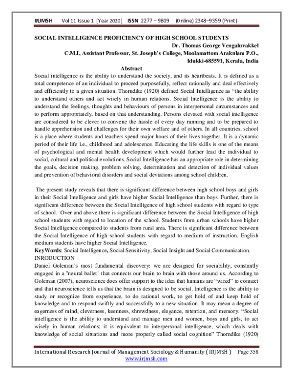 (PDF) SOCIAL INTELLIGENCE PROFICIENCY OF HIGH SCHOOL STUDENTS ...