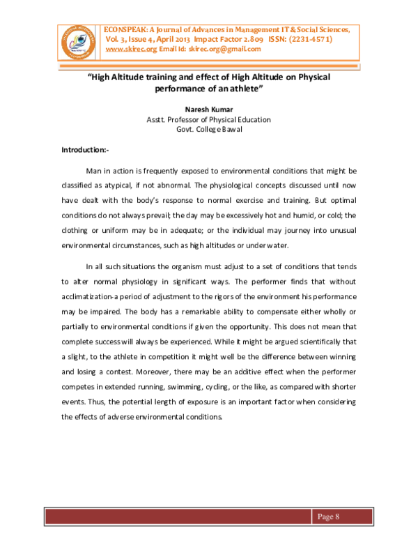 (PDF) "High Altitude training and effect of High Altitude on Physical ...