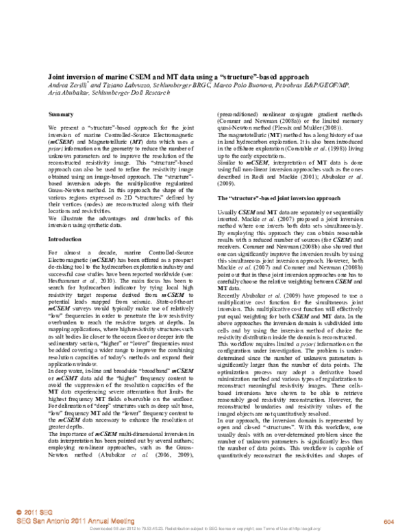 (PDF) Joint inversion of marine CSEM and MT data using a “structure”‐based approach