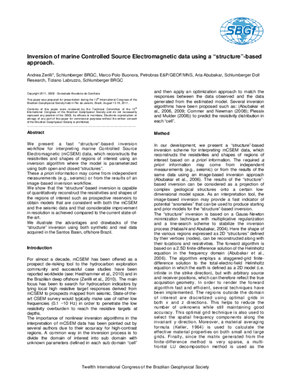 Pdf Inversion Of Marine Controlled Source Electromagnetic Data Using A Structure” Based