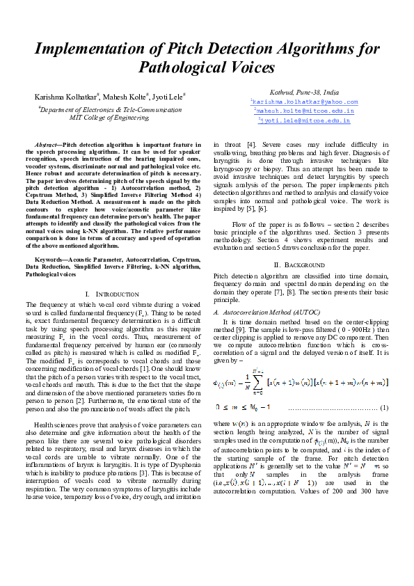 Pdf Implementation Of Pitch Detection Algorithms For Pathological Voices
