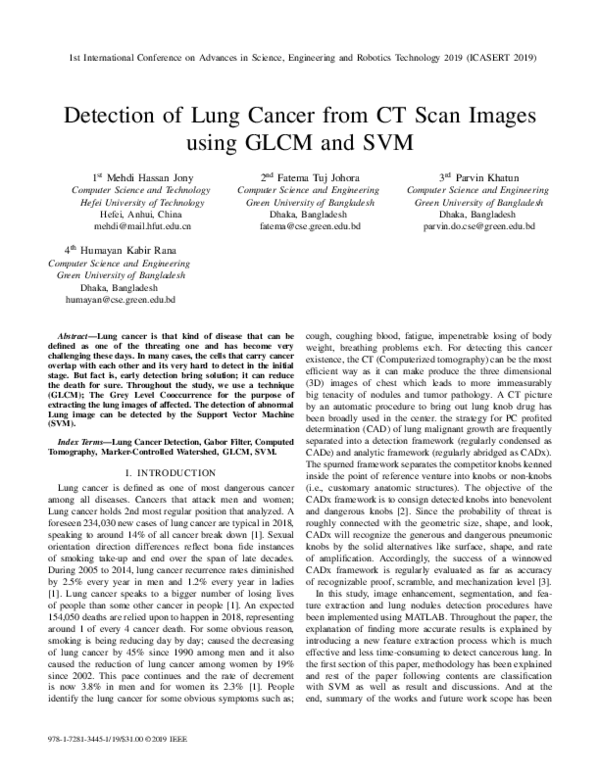 Pdf Detection Of Lung Cancer From Ct Scan Images Using Glcm And Svm Humayan Kabir Rana And