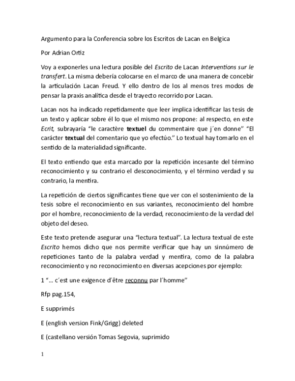 (DOC) Reading Intervention dans le transfert by Jacques Lacan ...