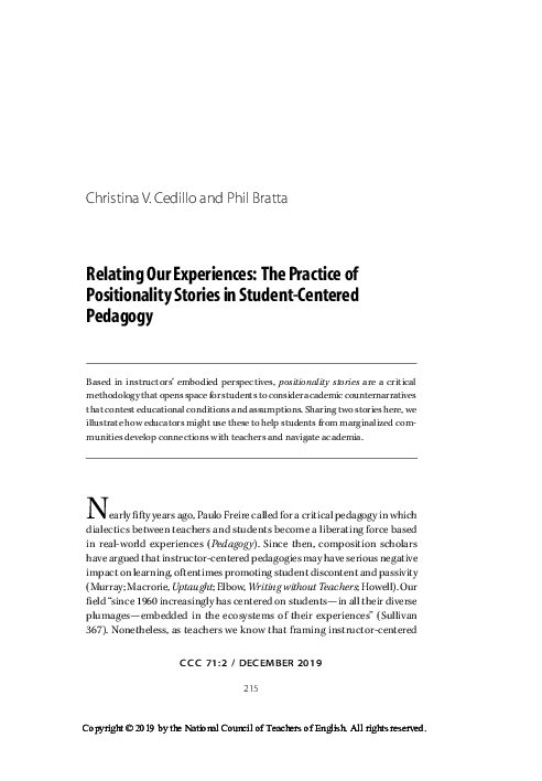 (PDF) Relating Our Experiences: The Practice of Positionality Stories in Student-Centered Pedagogy