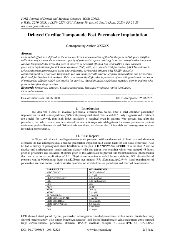 (PDF) Delayed Cardiac Tamponade Post Pacemaker Implantation | IOSR ...