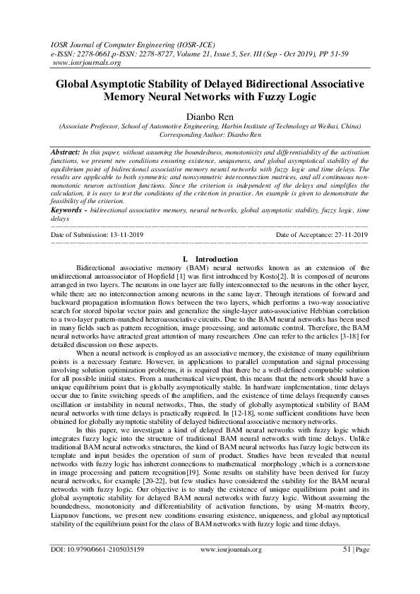 (PDF) Global Asymptotic Stability of Delayed Bidirectional Associative Memory Neural Networks ...