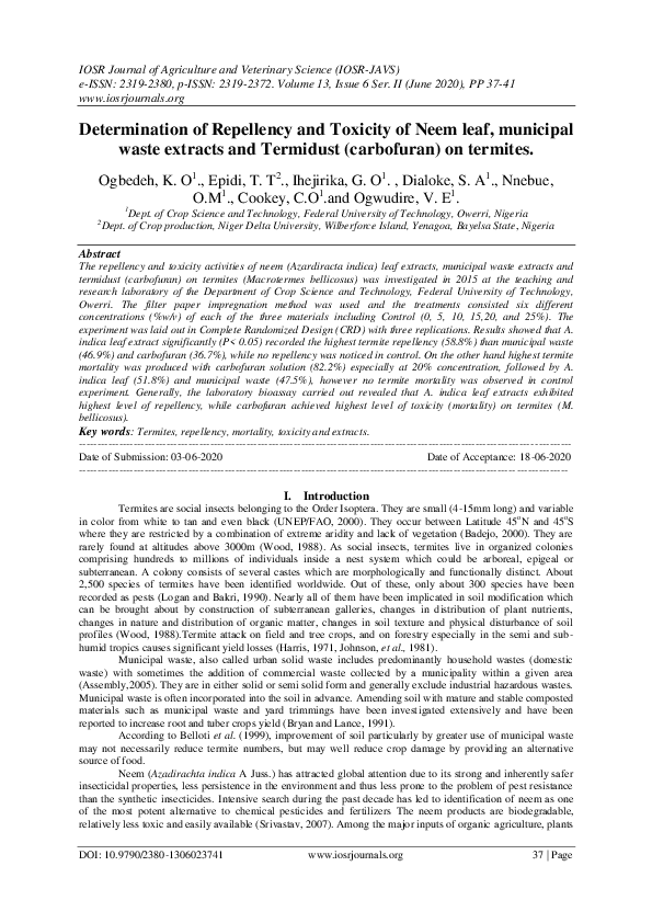 (PDF) Determination of Repellency and Toxicity of Neem leaf, municipal ...