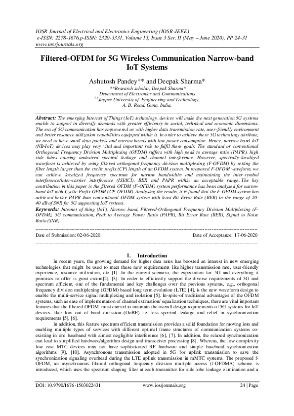 Pdf Filtered Ofdm For 5g Wireless Communication Narrow Band Iot Systems