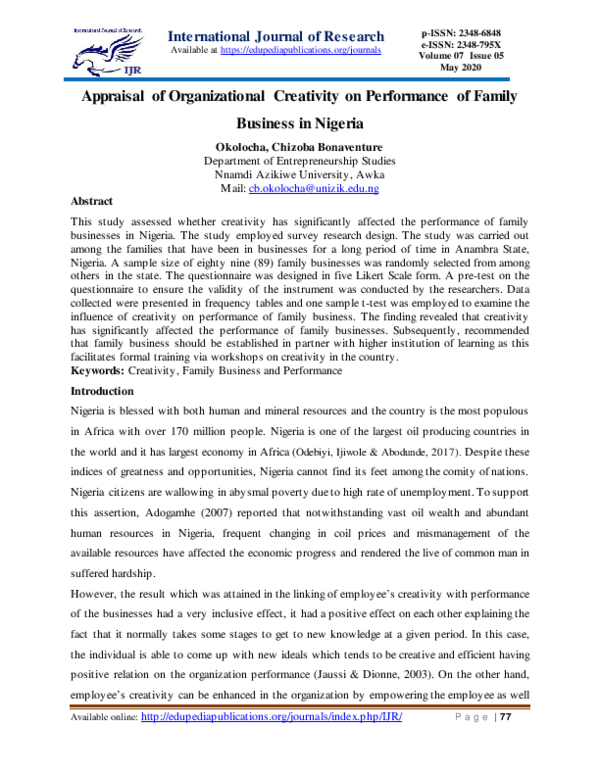 (PDF) Appraisal of Organizational Creativity on Performance of Family Business in Nigeria