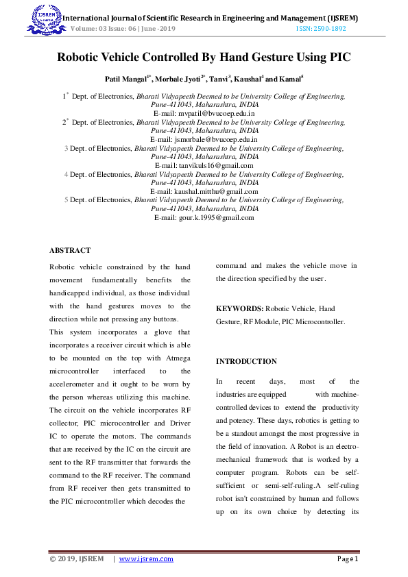 (PDF) Robotic Vehicle Controlled By Hand Gesture Using PIC