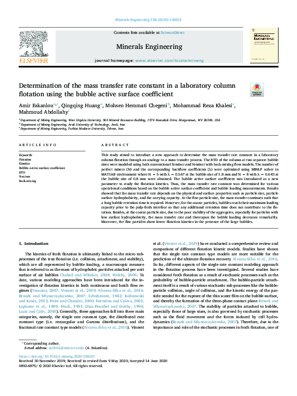 (PDF) Determination of the mass transfer rate constant in a laboratory column flotation using ...