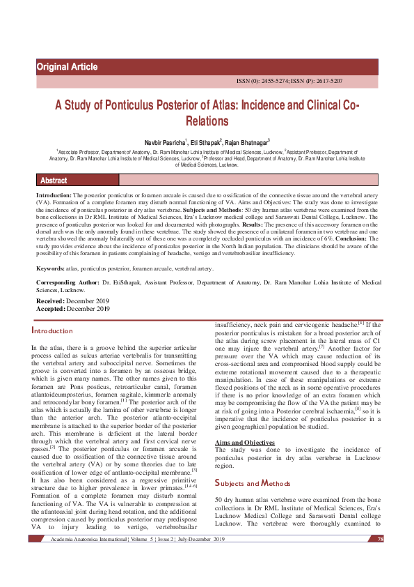 (PDF) A Study of Ponticulus Posterior of Atlas: Incidence and Clinical ...