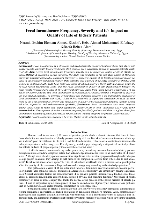 (PDF) Fecal Incontinence Frequency, Severity and it's Impact on Quality ...