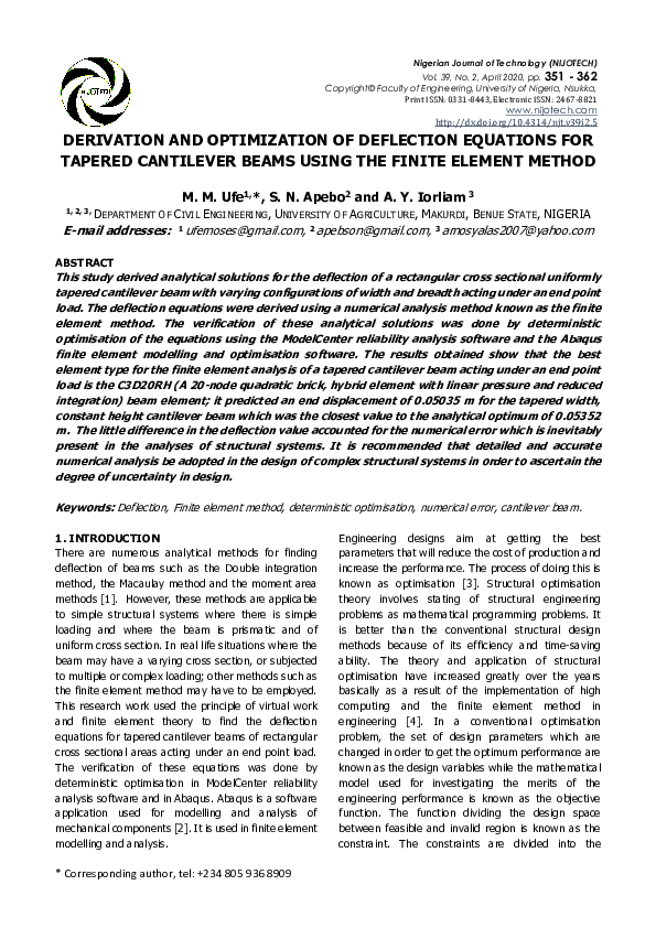 (PDF) DERIVATION AND OPTIMIZATION OF DEFLECTION EQUATIONS FOR TAPERED CANTILEVER BEAMS USING THE ...