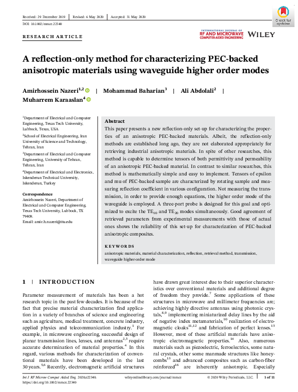 Pdf A Reflection Only Method For Characterizing Pec Backed Anisotropic Materials Using