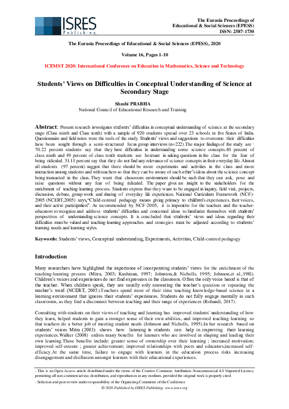 (PDF) Students' Views on Difficulties in Conceptual Understanding of ...