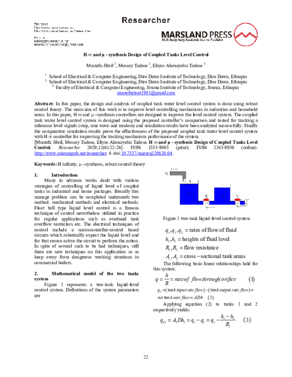 (PDF) H ∞ and μ -synthesis Design of Coupled Tanks Level Control