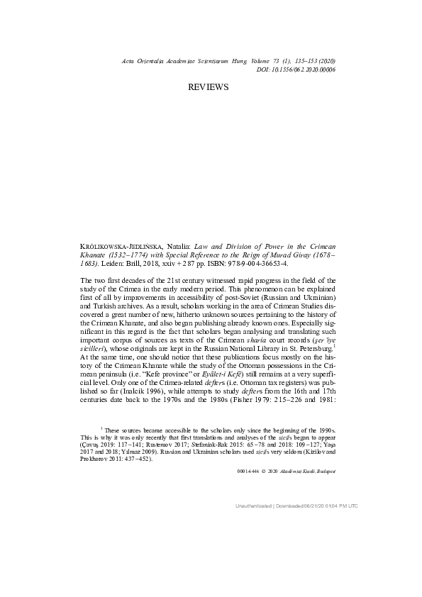 (PDF) review of Królikowska-Jedlińska, Natalia: Law and Division of Power in the Crimean Khanate ...