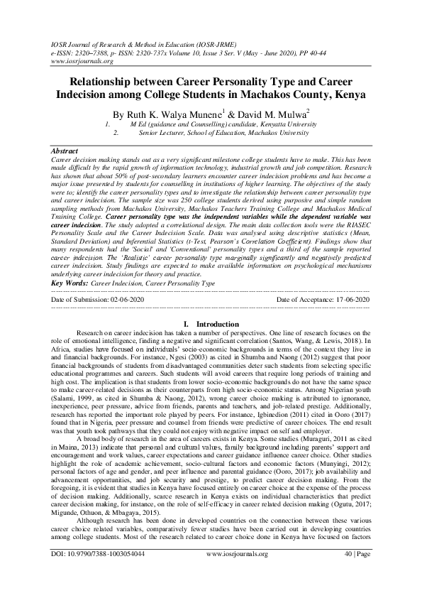 (PDF) Relationship between Career Personality Type and Career ...