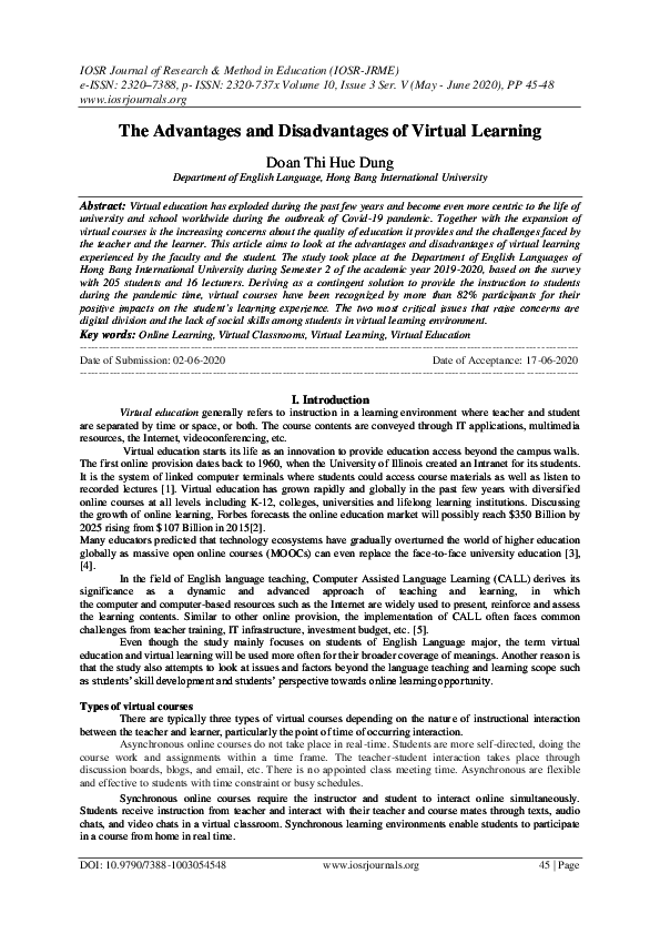 (PDF) The Advantages and Disadvantages of Virtual Learning