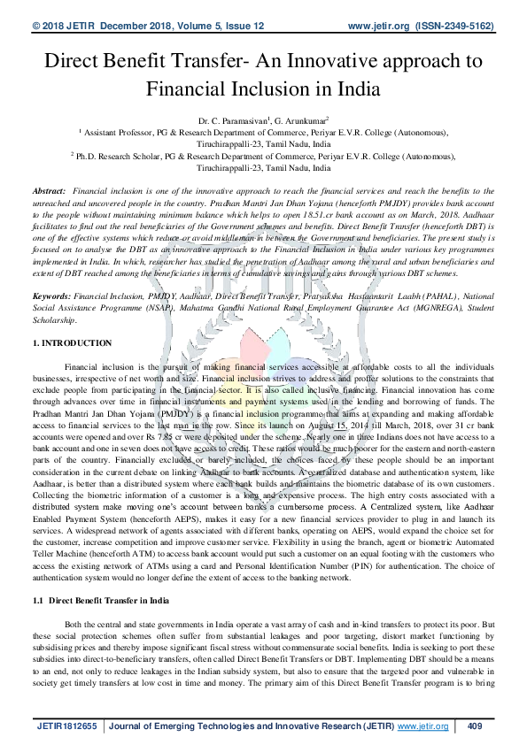 (PDF) Direct Benefit Transfer- An Innovative approach to Financial ...