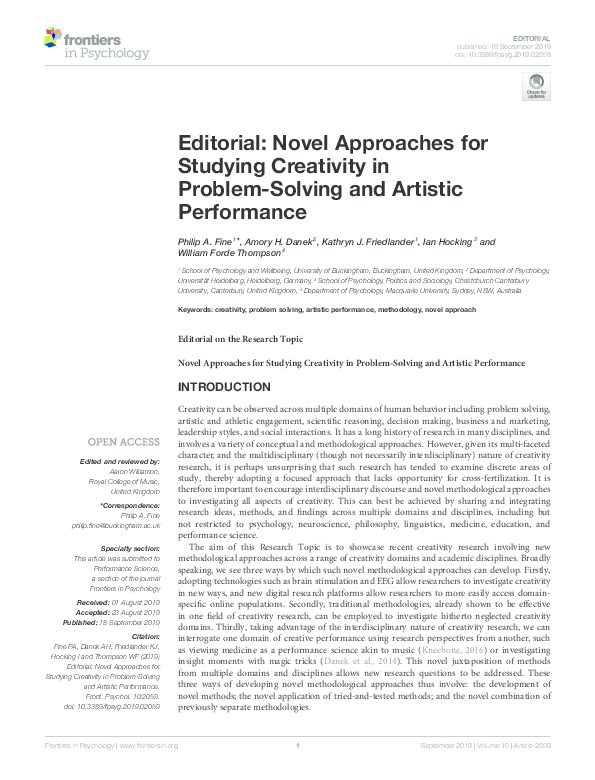 (PDF) Editorial: Novel Approaches for Studying Creativity in Problem ...
