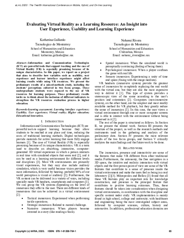 (PDF) Evaluating Virtual Reality as a Learning Resource: An Insight into User Experience ...