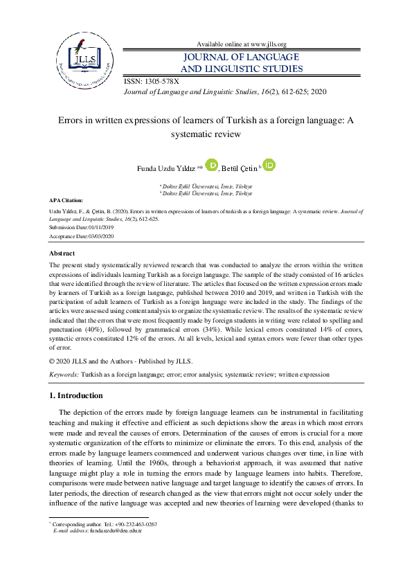 (PDF) JOURNAL OF LANGUAGE AND LINGUISTIC STUDIES Errors in written expressions of learners of ...
