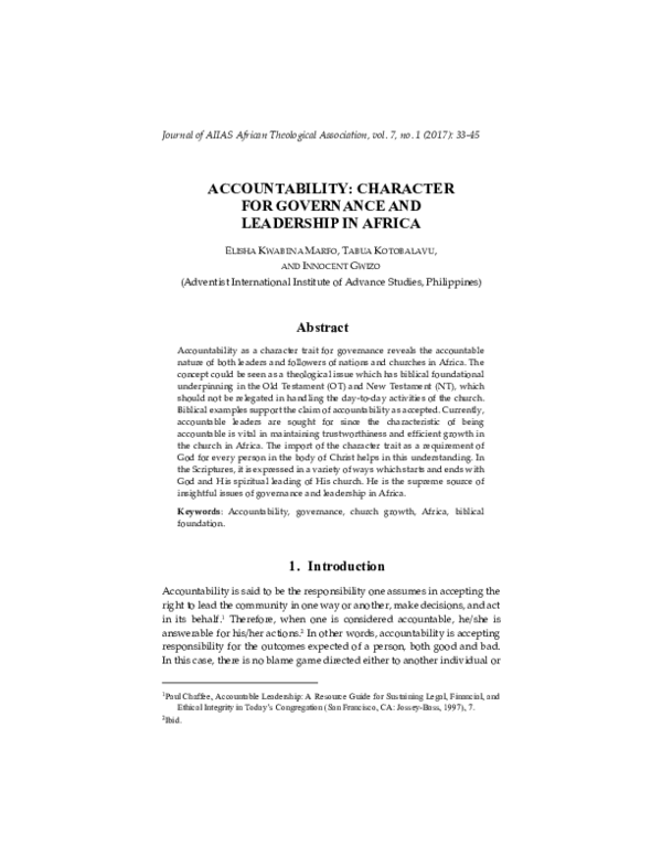 (PDF) ACCOUNTABILITY: CHARACTER FOR GOVERNANCE AND LEADERSHIP IN AFRICA