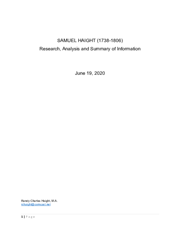 (PDF) SAMUEL HAIGHT RESEARCH, ANALYSIS, AND INFORMATION SUMMARY
