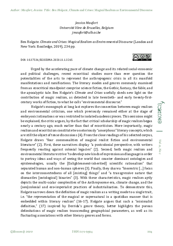 (PDF) Ben Holgate. Climate and Crises: Magical Realism as Environmental ...